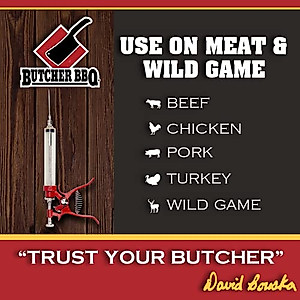 Butcher BBQ Pistol Grip Gourmet Meat Injector Syringe | Metal Handle | 50cc Pistol Grip Injection Syringe | 2 Different Needles for Different Meats | BBQ Smoker Accessories | Tailgating Accessories