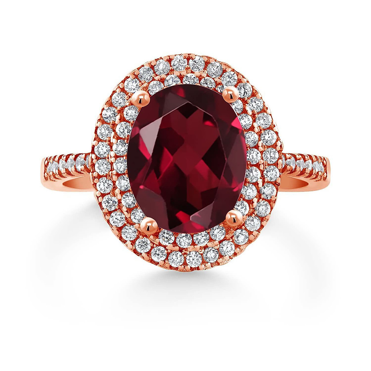 Gem Stone King 18K Rose Gold Plated Silver Red Rhodolite Garnet and Moissanite Halo Engagement Ring For Women (2.43 Cttw, Oval 9X7MM, Gemstone Birthstone, Available In Size 5, 6, 7, 8, 9)