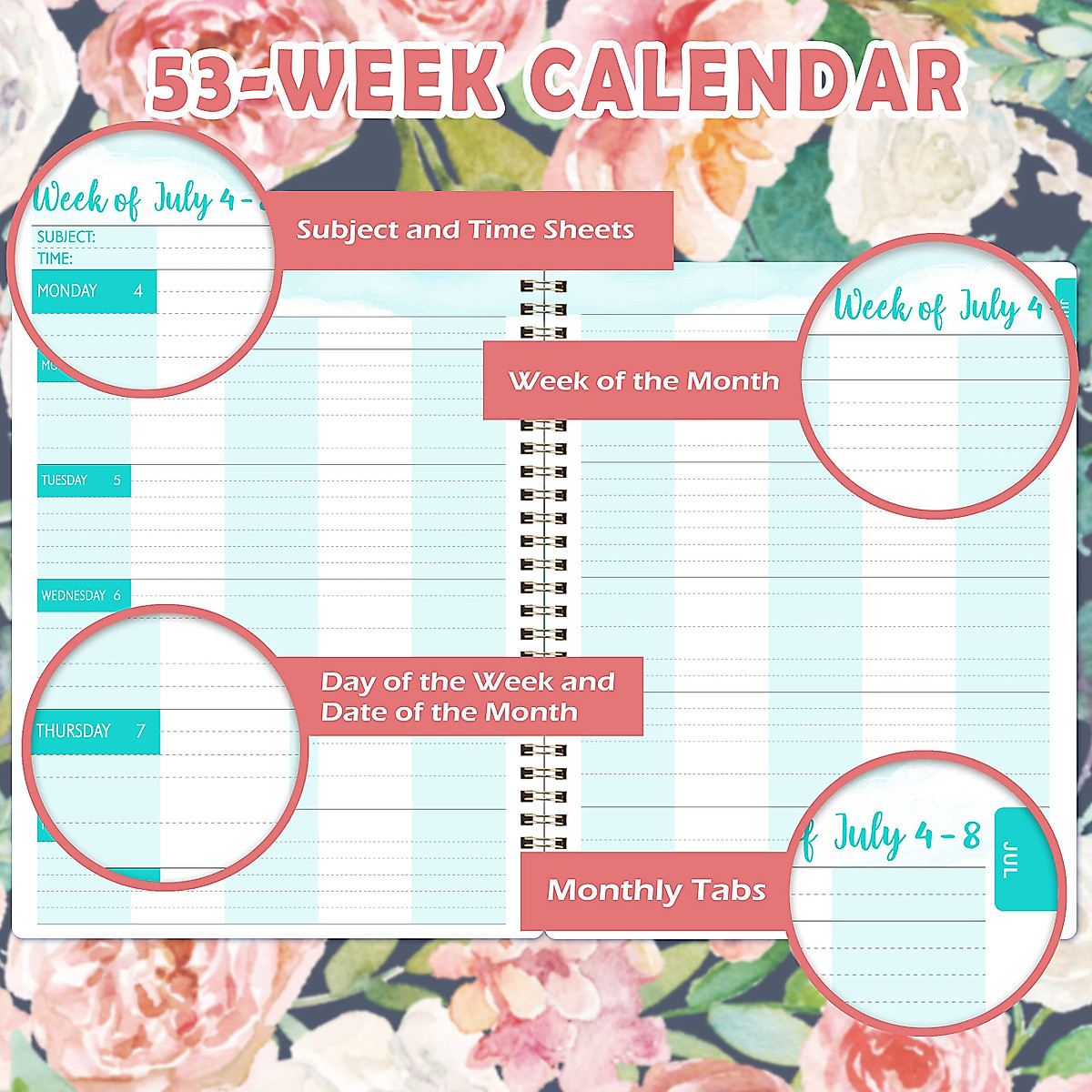 Teacher Planner 2023-2024 - 2023-2024 Teacher Planner, Academic Planner 2023-2024 from July 2023 to June 2024, 8" x 10", Teacher Lesson Plan Book with Quotes, Strong Twin-wire Binding - Floral