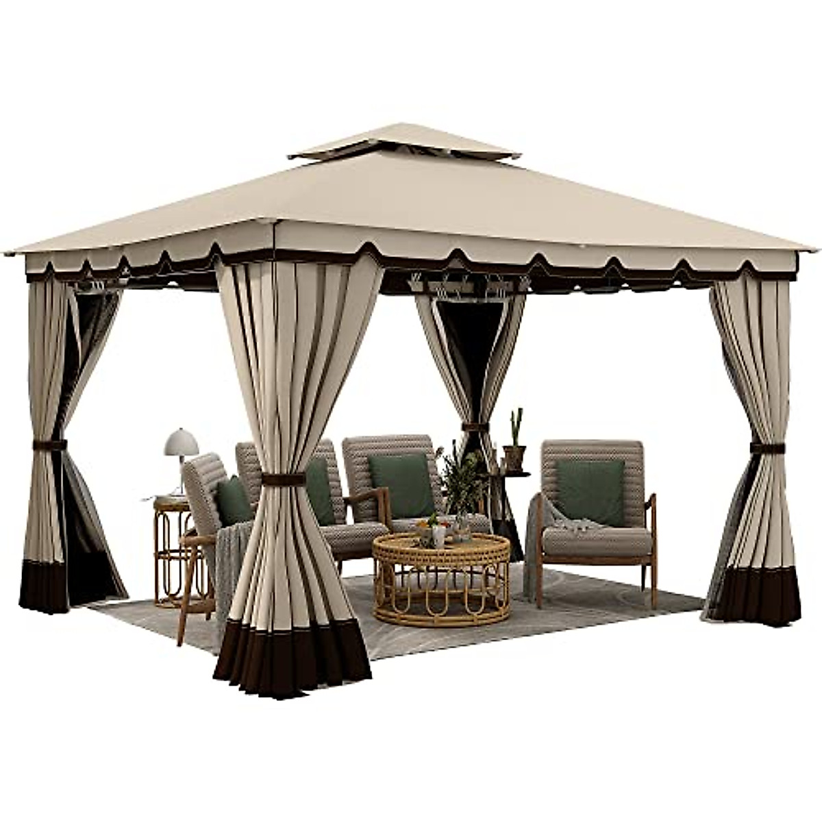 YITAHOME 10x12ft Gazebo for Patios Outdoor Double Roof Canopy Gazebo with Netting & Curtains, Soft Fabric Top Garden Winds Tent with Steel Frame for Lawn, Garden, Backyard and Deck (Khaki)