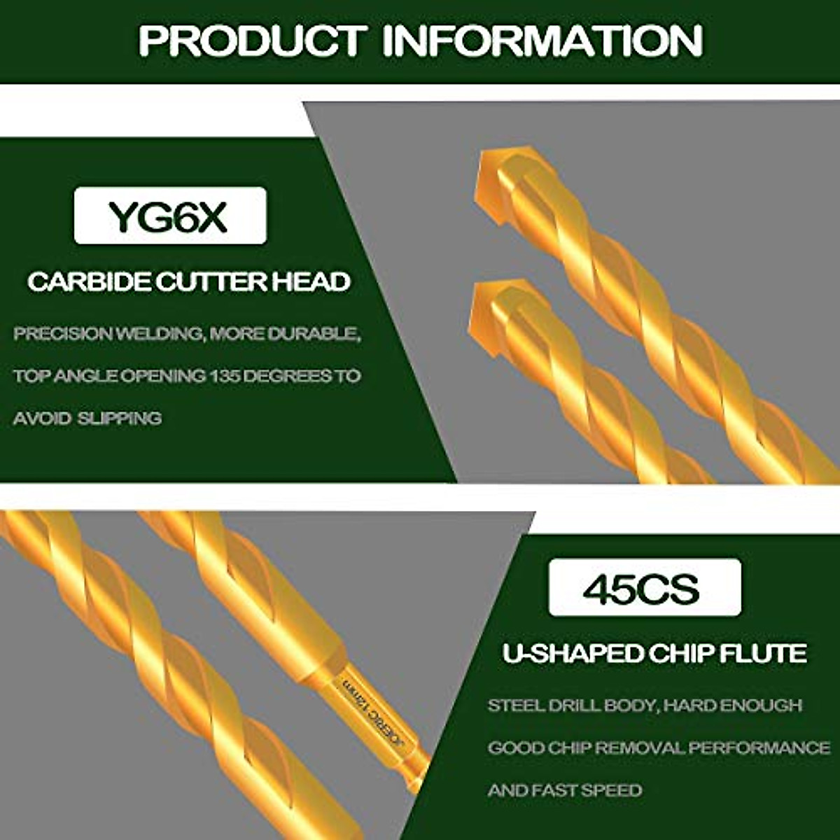 JOERIC Titanium Masonry Drill Bits Set, 10PCS Concrete Drill Bit Ceramic Tile Drill Bit Set Tungsten Carbide Tipped Ceramic Tile Drill Bits for Concrete Brick Glass Plastic and Wood (5mm-12mm)