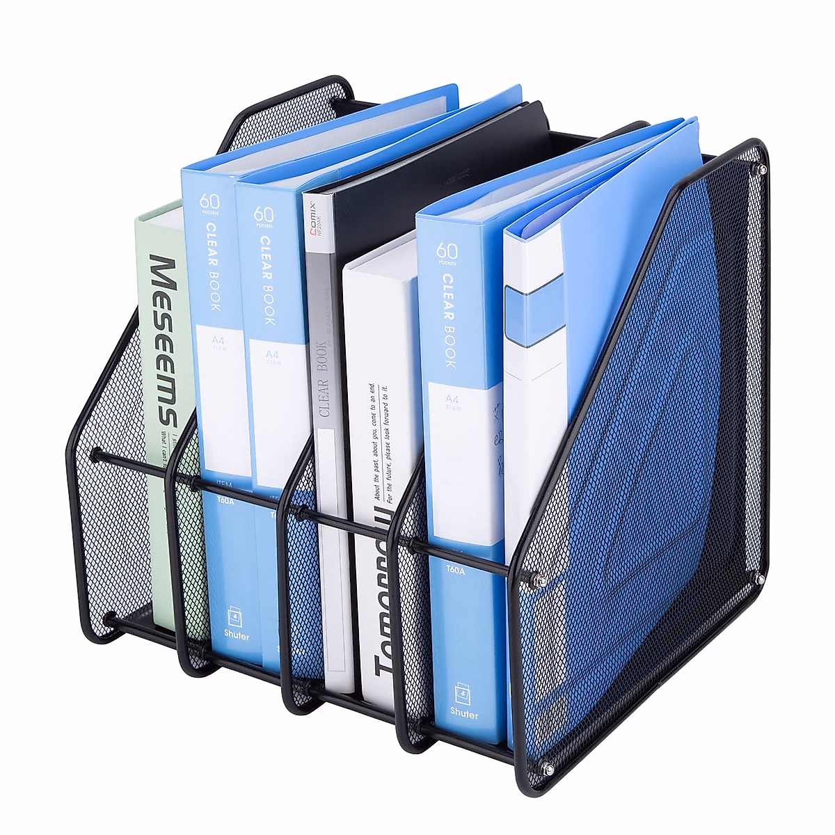 Cliselda Metal Mesh Magazine File Holder with 4 Vertical Compartments, Desk Organizers File Folders Holder, File Organizer Binder Holder Organizer for Desk Home Office School, Black