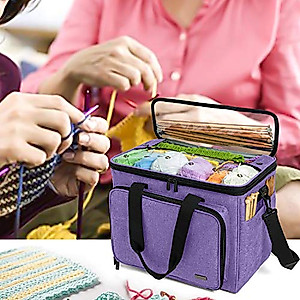 Teamoy Knitting Bag, Yarn Tote Organizer with Inner Divider (Sewn to Bottom) for Crochet Hooks, Knitting Needles(Up to 14”), Project and Supplies, Purple -No Accessories Included