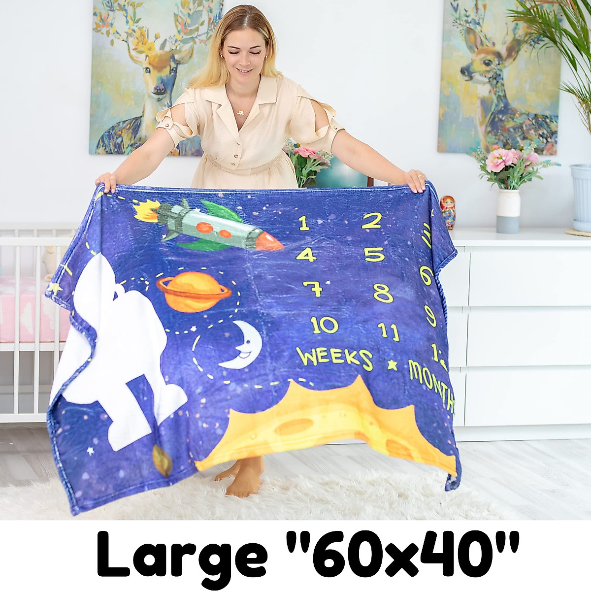 KEMINA BLANKETS Baby Monthly Milestone Blanket Boy, Milestone Blanket for Baby Boy, Outer Space Baby Blanket Nursery Includes Photography Prop, Space, Boy Milestone Blanket 60x40