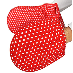 Home-X Red Polk Dot Double Oven Mitt for Cooking and Serving, Heat Resistant, Extra Long Potholder, Oven Gloves to Protect Hands and Arms, Machine Washable -32”L