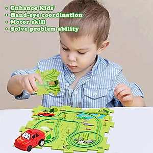 Puzzle Track Car Play Set - DIY Car Tracks Children's Educational Puzzle Board with Electric Vehicle Toy for Toddler Boys Kids Gift (Forest-5pcs)