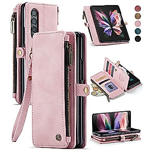 Defencase Wallet Lanyard Case for Galaxy Z Fold 3 - PU Leather, Flip, Zip Card Holder, Pink