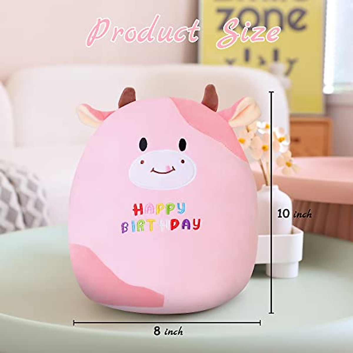 SQEQE Cow Plush Toy Cute Pink Cow Stuffed Animals Soft Pillow Plushies Kawaii Cow Plushie for Girls Boys Kids Birthday Gifts Decor 10 inch