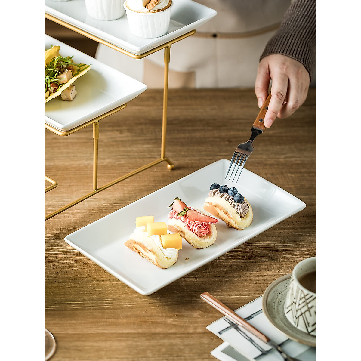 Cormomu 3 Tier Serving Tray, Tiered Serving Stand Display Set for Entertraining Dessert Table Serving Tray with Stand, White Ceramic Banquet Serving Platters for Party, 12 Inches (Gold)