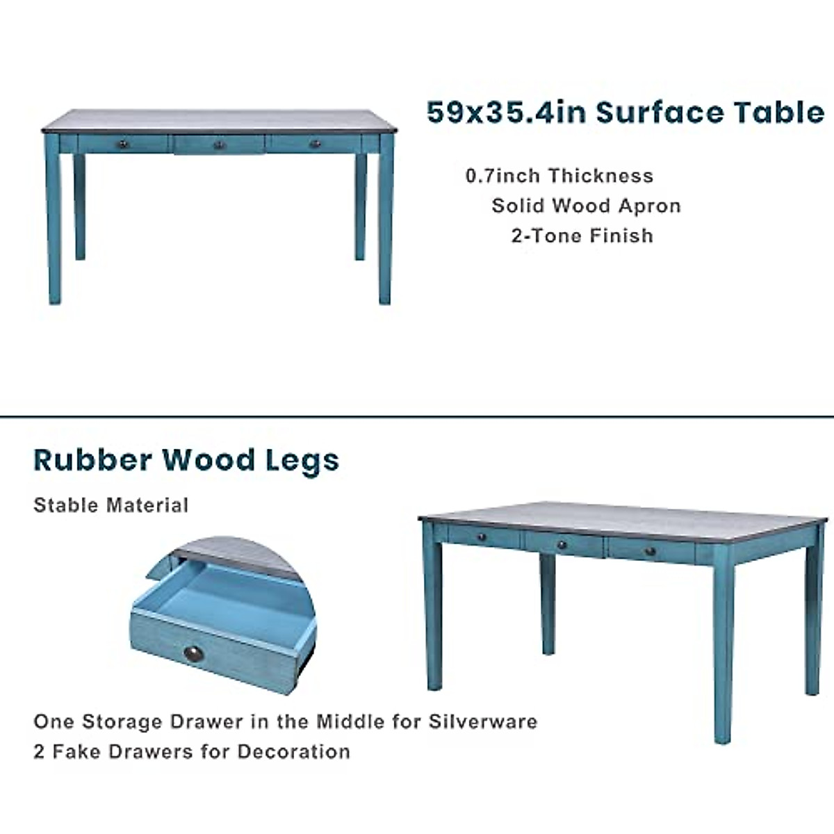 SIYSNKSI Mid-Century 6-Piece Dining Table Set with 4 Upholstered Dining Chairs and Bench, Wood Rectangular Dining Table with Drawer for Kitchen Living Room, Dining Table Set for 6 (Antique Blue)