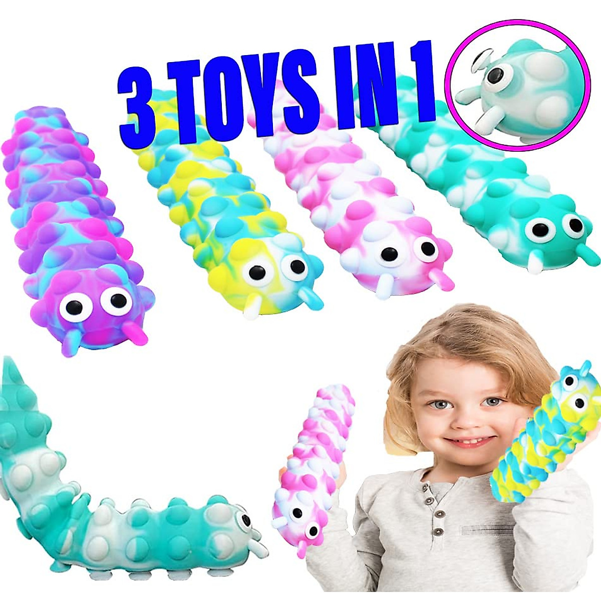 KINIA Squidopop Pop It Baby Toddler Suction Bath Toys Child Fidget Sensory Toy Caterpillar Animal Fidgets (4 Pack, Pop It Squidopop)