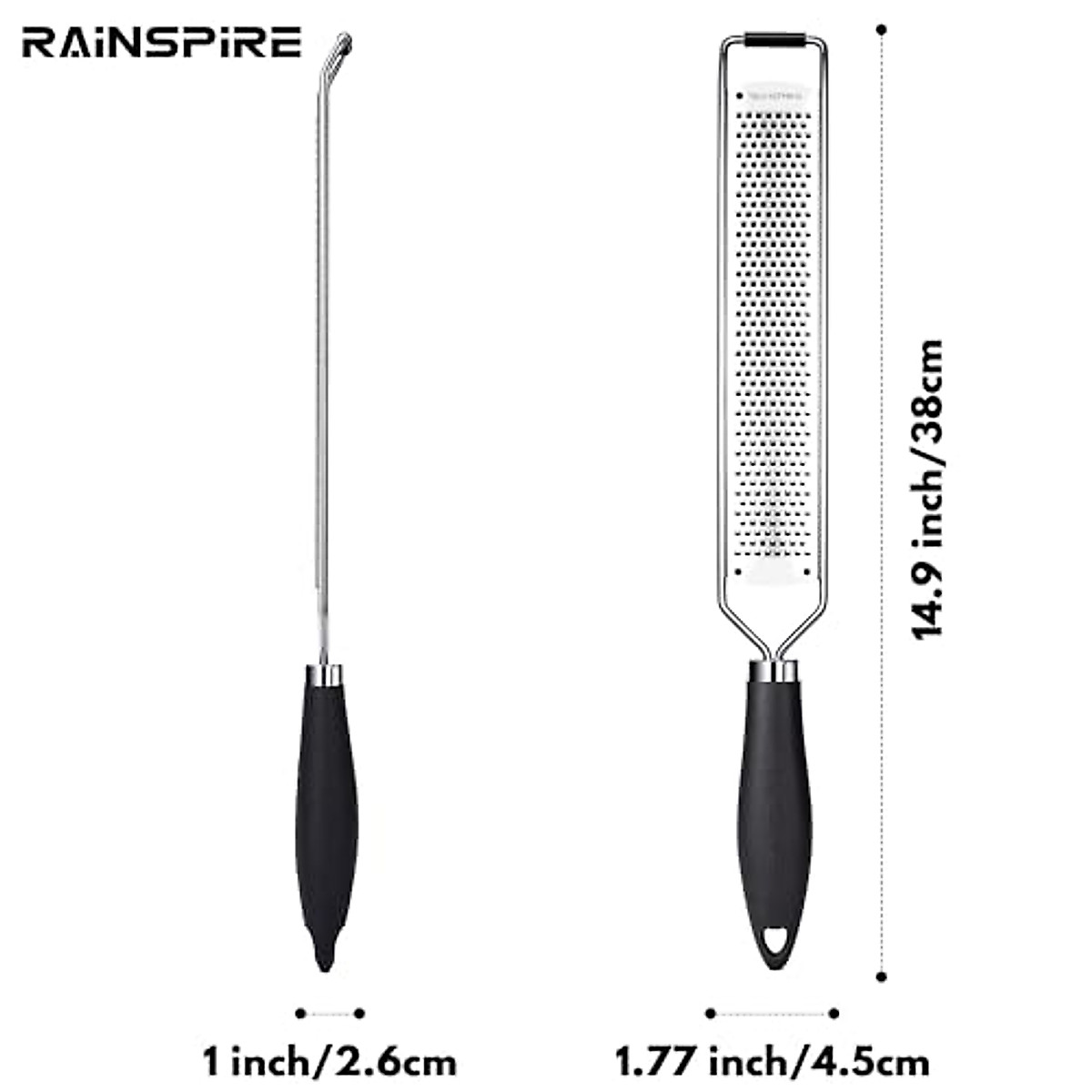 Rainspire Zester Grater with Handle, Lemon Zester Cheese Grater for Kitchen Stainless Steel, Parmesan Cheese Garlic Nutmeg Chocolate Fruits Vegetables Ginger Grater, Fine, Black