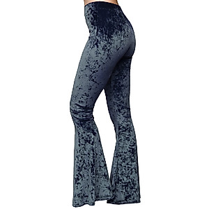 Daisy Del Sol Crushed Velvet High Waisted Comfy Soft Stretch 70s Yoga Loungewear Bell Bottom Flare Pants (Large, Indigo)