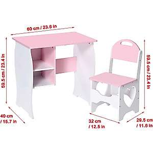 ocinone Kids Desk and Chair Set, Children Study Desk with Storage Shelf, Wooden School Study Table, Writing Table for Home School Use(pink white)
