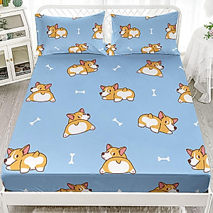 Smell Sunshine Cute Puppy Sheets Set 4Pcs for Kids,Cute Puppy Printed Sheet Set with 1 Flat Sheet and 1 Fitted Sheet + 2 Pillowcases(Cute Puppy Queen)