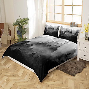 Castle Fairy Wolf Printed Bedding Set,Misty Woods Duvet Cover for Kids Teen Boys Girls,Natural Landscape Comforter Cover Decorative Room,Wild Animals Quilt Cover with 2 Pillowcases,King Size