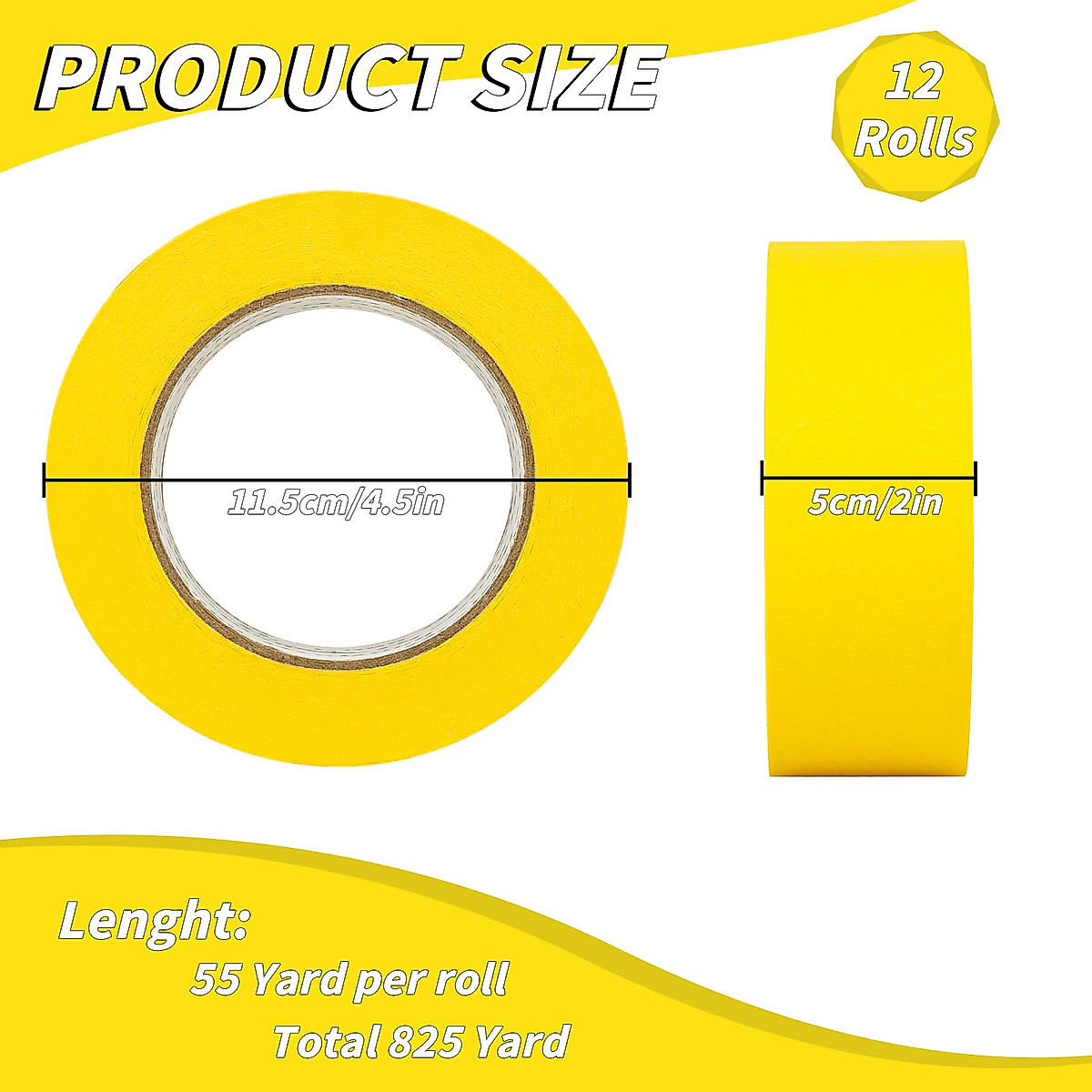 Oleitodh 12 Rolls Yellow Painters Tape Bulk 2 inch x 660 Yards, Painters Masking Tape No Residue Wall Painting Tape Artist Tape Trim Edge Finishing Tape for Wall Painting Decoration DIY Supplies