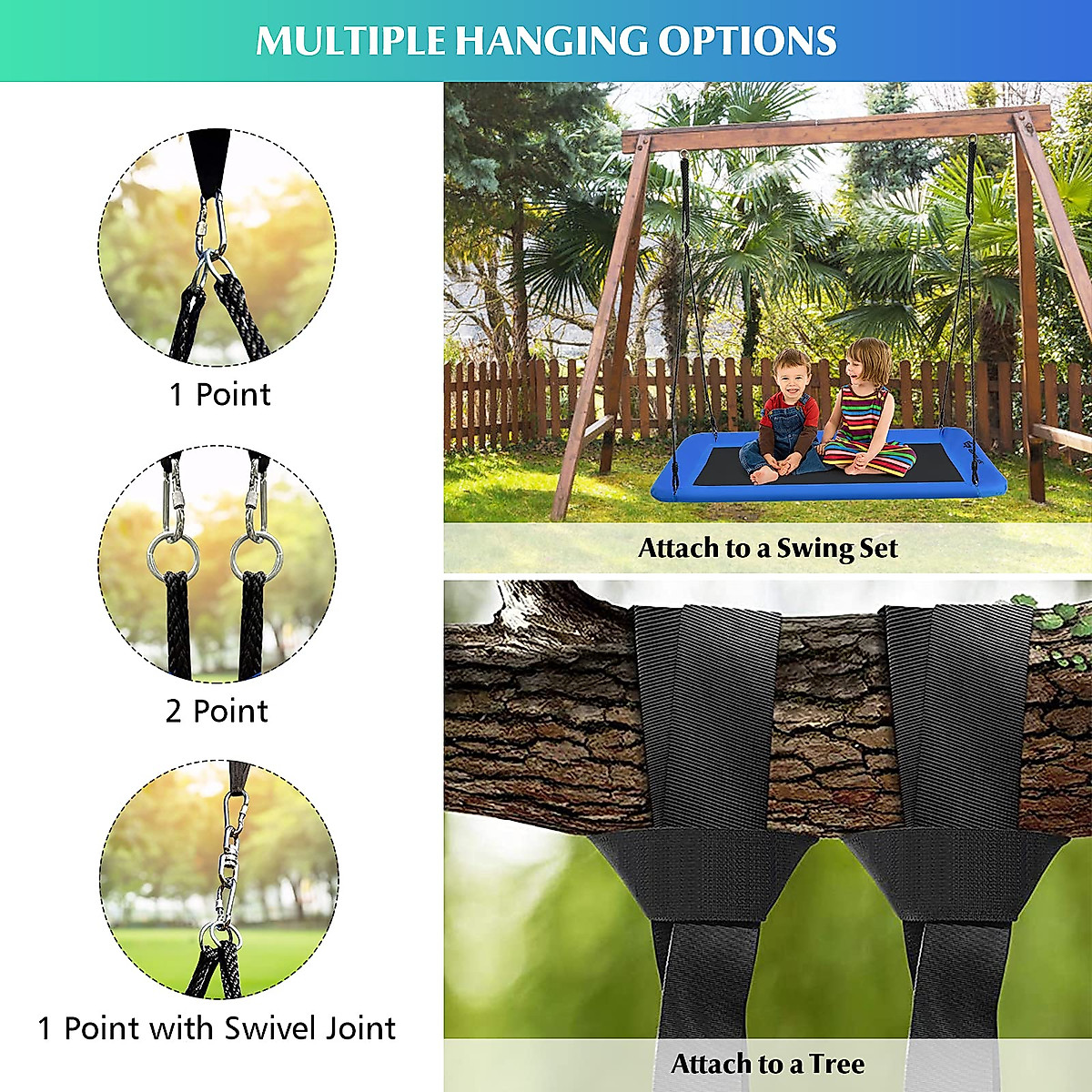 Goplus 700LBS 60 Inch Giant Platform Tree Swing for Kids and Adults, Indoor Outdoor Adjustable Rectangle Swing w/ 2 Hanging Straps & Steel Frame, Waterproof Swing Set for Porch Backyard (Navy Blue)