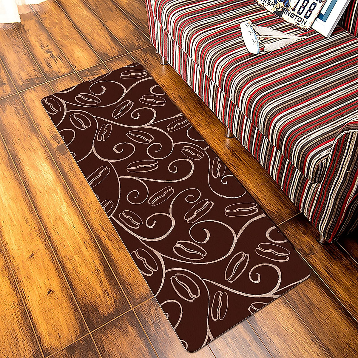 Abstract Coffee Bean Line Antifatigue Kitchen Bath Door Mat Cushioned Runner Rug, Washable Welcome Floor Sink Mat, Retro Brown Waterproof & Non-Slip Comfort Standing Doormat for Kitchen, 24"x36"
