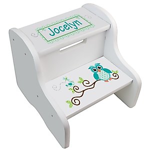 Personalized Blue Gingham Owl White Two Step Stool
