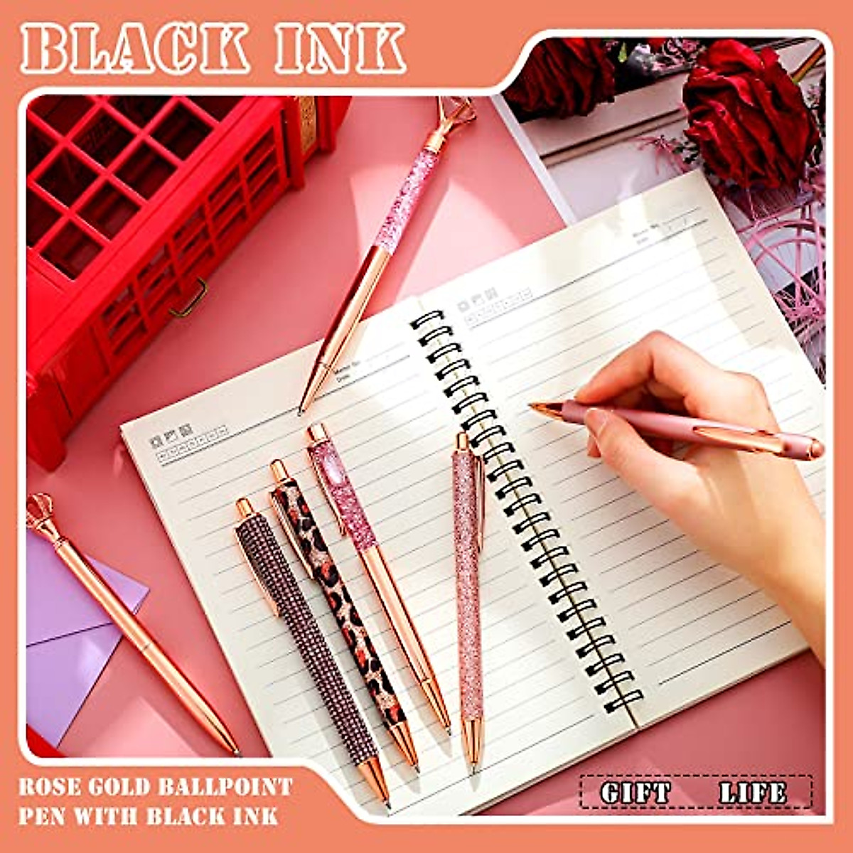 9 Pcs Ballpoint Cute Pens Set Leopard Fancy Pens Liquid Sand Glitter Pens Crystal Big Diamond Pen Crown Pretty Pens Metal Slim Ballpoint Pens Girly Black Ink for Home Wedding School Office (Rose Gold)