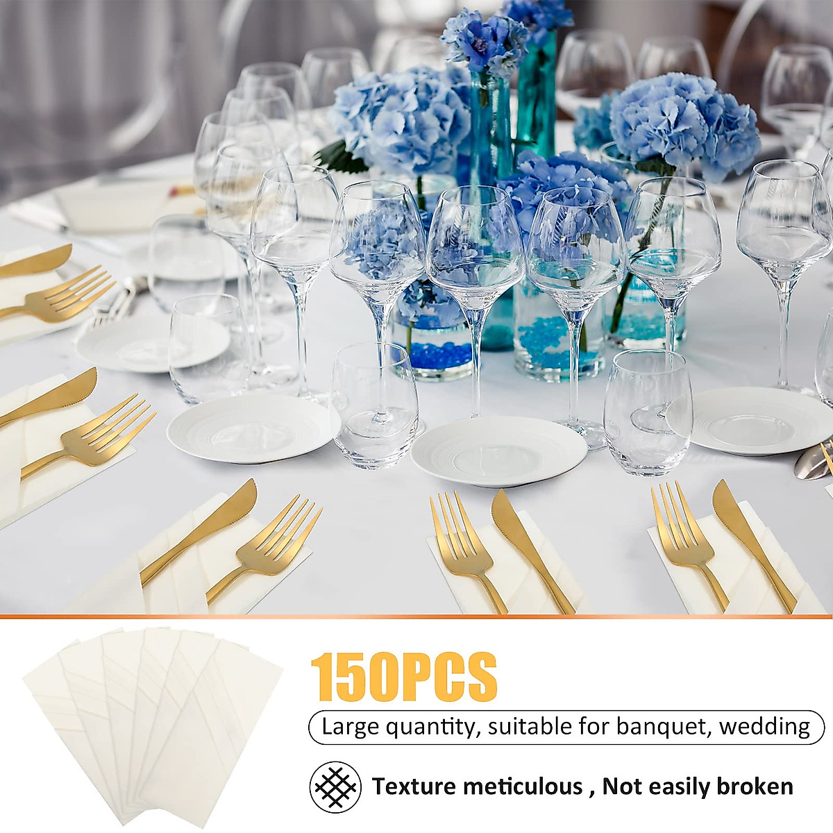 Cindeer Paper Linen Dinner Napkin Disposable Air Laid Napkin Pre Folded Guest Hand Towel with Built in Flatware Pocket for Silverware Wedding(150 Pcs)