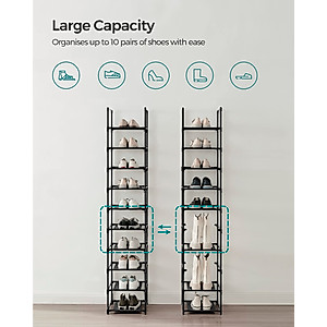 SONGMICS Shoe Rack, 10 Tier Shoe Shelf, Shoe Storage Organizer, Space-Saving, 13 x 13 x 68.1 Inches, Metal Frame, Non-Woven Fabric Shelves, for Entryway, Bedroom, Black ULSR110B02