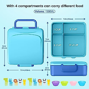 Bento Lunch Box, Lunch Box Kids - 1300ML Insulated Lunch Box with 4 Compartments Bento Box Adult Lunch Box, Leak Proof Lunch Box Containers with Utensils& Food Picks& Cake Cups &Dip Container (Blue)