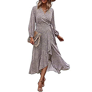 PRETTYGARDEN Women's Long Sleeve Vintage Wrap Dress Floral Print V-Neck Maxi Dresses with Belt (Khaki,Large)
