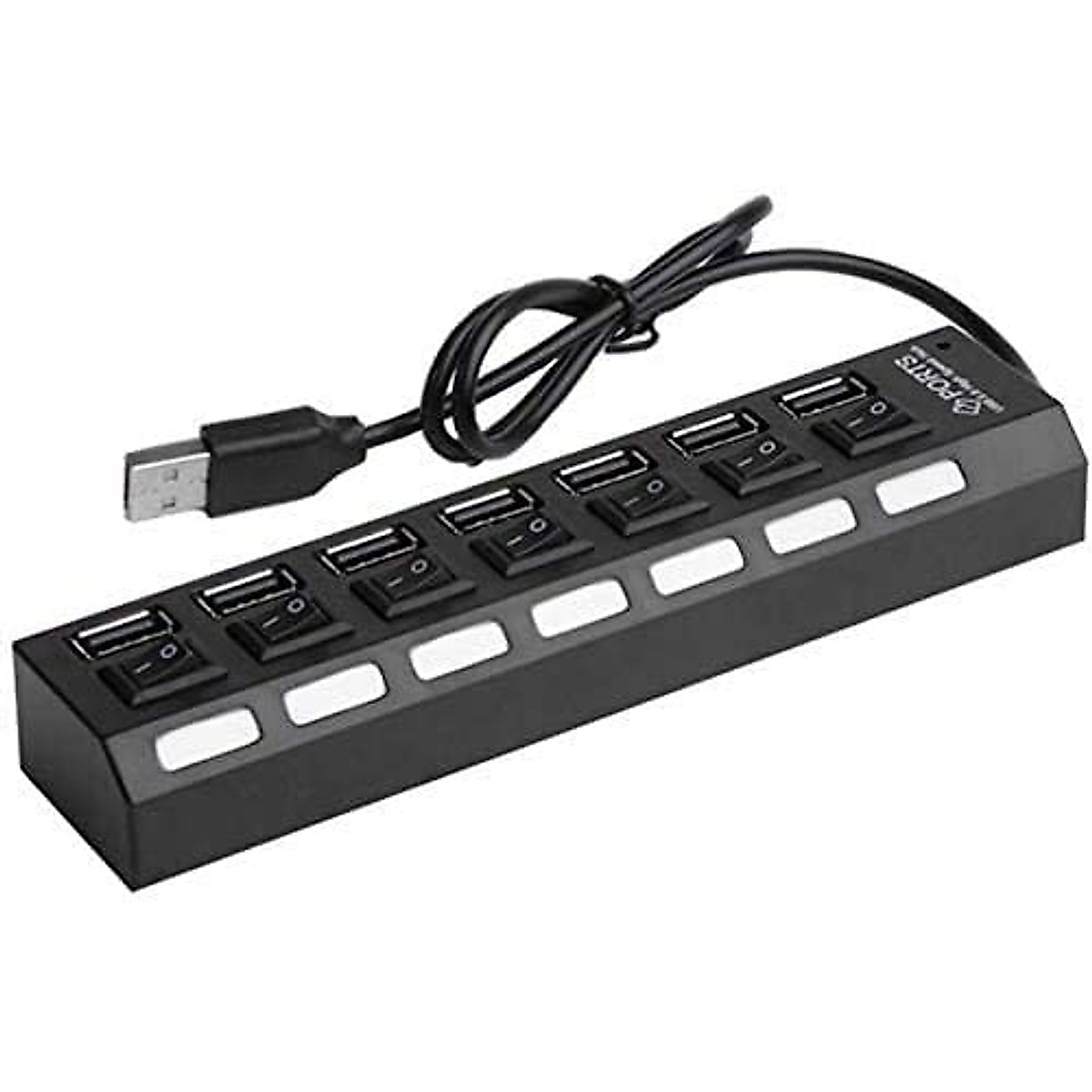 7-Port USB 2.0 Hub High Speed Power Cable with Blue LED Light Indicator ON/Off Sharing Switch Adapter for PC Laptop (Black)