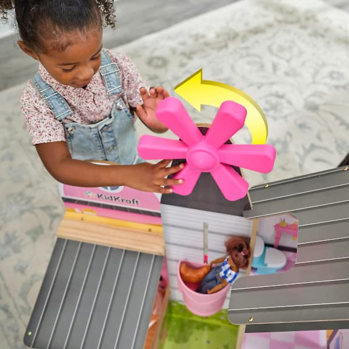 KidKraft Windmill Elevator 2-in-1 Wooden Barn & Dollhouse with Horse and Lights & Sounds, Over 3 Feet Tall, Pink