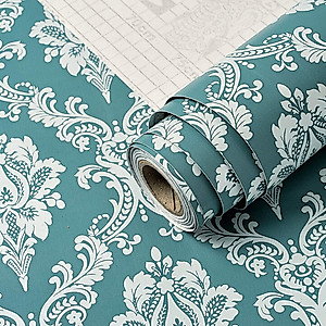 Blue Damask Contact Paper Self Adhesive Shelf Drawer Liner Peel and Stick Damask Wallpaper for Bathroom Living Room 17.7" x 196"