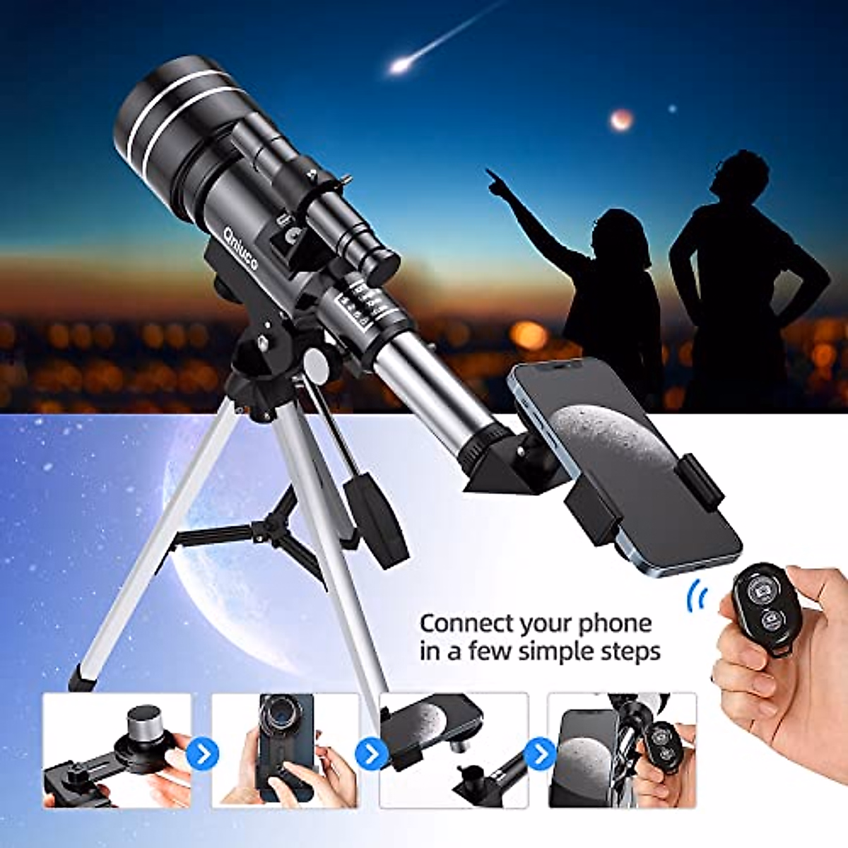 Telescope for Kids & Adults, 70mm Aperture Refractor Telescopes for Astronomy Beginners, Portable Travel Telescope with Phone Adapter & Remote, Astronomy Gifts for Kids