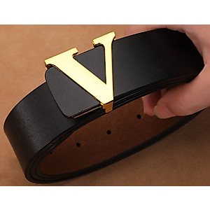 Yuangu Men's Classic Gold/Silver V-Buckle Design Soft Calfskin Belt (Black Gold, 105cm/41.3inch(30-36))