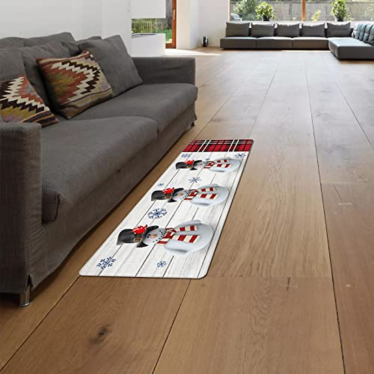 Kitchen Mat Rug Set of 2 Christmas Snowman Classical Red Plaid Farm Wood Grain Runner Rug Anti-Fatigue Comfort Memory Foam Standing Mat Non-Slip Floor Door Mat for Bathroom Bedroom 20x32in+20x47in