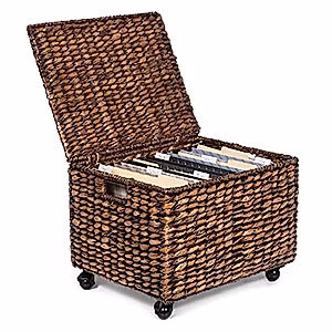 BIRDROCK HOME Rolling File Cabinet with Lid | Small Wooden Under Desk Organizer | Seagrass Basket with Wheels | Portable Home Office Filing System - Mini Decorative Box, Single Drawer, Brown Wash