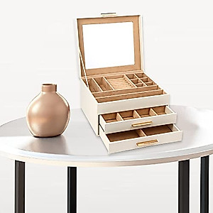 Zglori Jewelry Box, 3 Layers Jewelry Organizer with Glass Lid, 2 Drawers Jewelry Storage Case Holder for Women, Girls