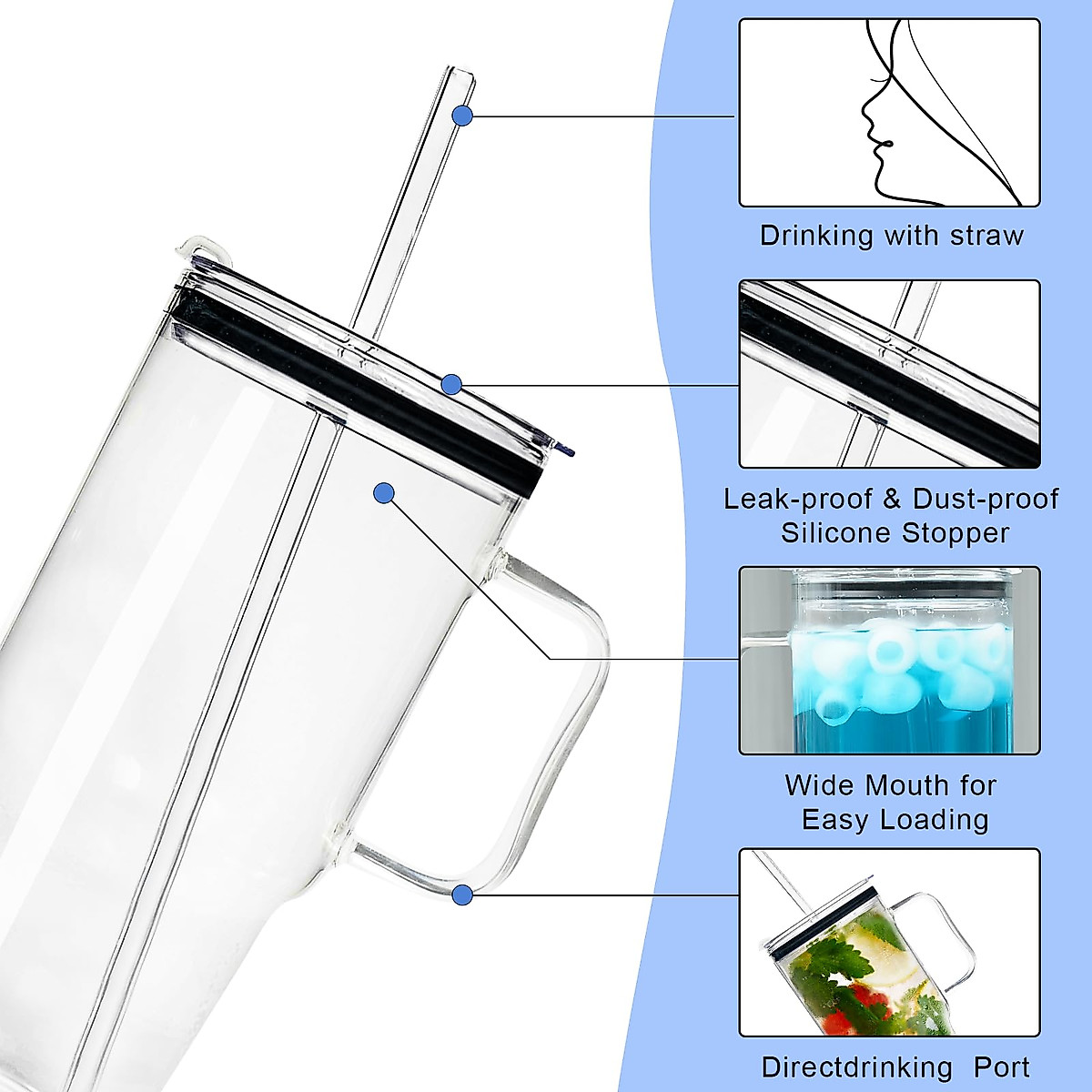 ONEHAUS Glass Tumbler with Lid and Straws, 40oz Glass Cup with Handle, Glass Water Cup,Beer Cup, Ice Coffee Cup, Fits In Cup Holder