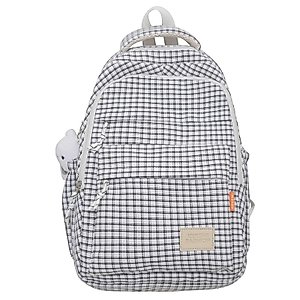 Kawaii Backpack with Cute Accessories Large Capacity Checkered Plaid Rucksack for Women Trendy Aesthetic Casual Daypack (Black)