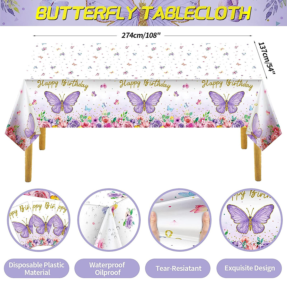 Butterfly Birthday Party Decorations Girls - 124PCS Butterfly Party Supplies, Balloon Arch/ Garland Kit, Butterfly Backdrop, Tablecloth, Latex Balloons, Metallic Balloons, 3D Butterfly Wall Decors