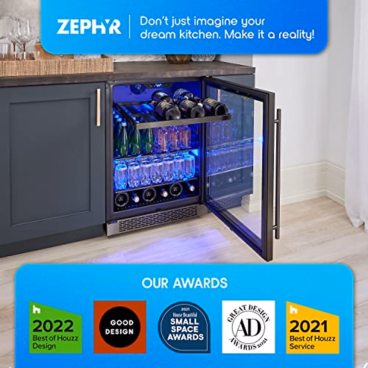 Zephyr 24" Wine Fridge & Beverage Refrigerator Single Zone Under Counter - Mini Wine Cooler Cellars Small Beer Cabinet Drink Chiller Freestanding with French Glass Door Black, 7 Bottles, 112 Cans