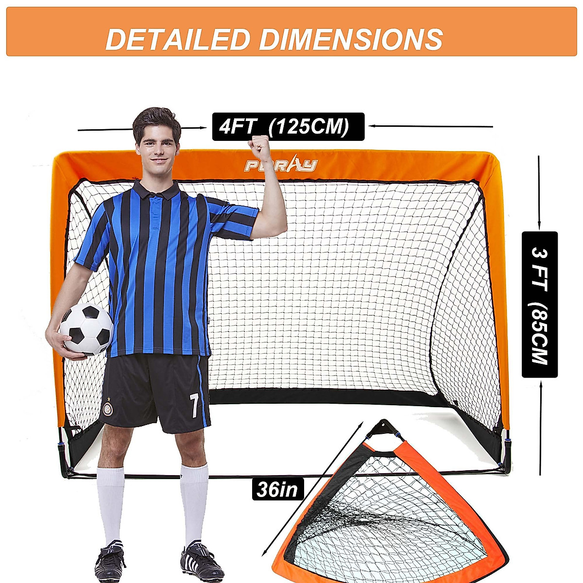 Poray Portable Soccer Goal Net for Kids & Adults,Set of 2,Pop Up 4FT Soccer Goal with 210D Oxford & 8 Field Marker Cones & Extra Stakes,Birthday Gift & Fun for Backyard and Soccer Training