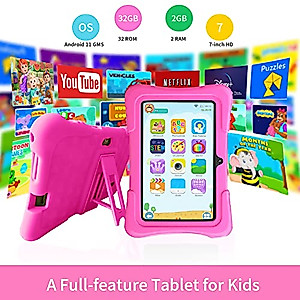 COLORROOM 7 inch Tablet for Kids 2GB 32GB Android 11 Preinstalled Parental Control Children Education Toddler Tablet with Shockproof Kickstand Case, GMS Certified, Google Tableta YouTube Netflix