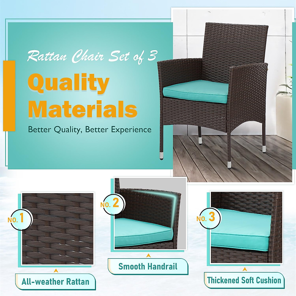 PayLessHere Set of 3 Outdoor Furniture Set Patio Furniture Set Brown Conversation Set with 2 Rattan Chairs Glass Coffee Table for Coffee Bar Poolside Patio Outdoor, Blue Cushions