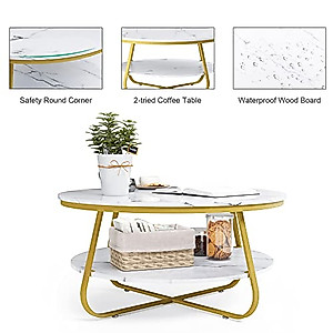 Elephance Modern Round Coffee Table with Storage, 35.4 Inch Faux Marble Coffee Table with Strong Metal Gold Frame for Living Room, Dining Room