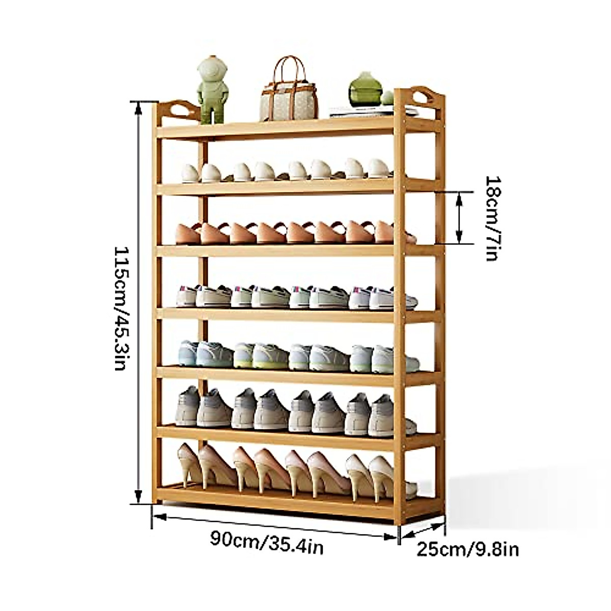QUMENEY 7 Tier Bamboo Shoe Rack for Entryway,Tall Shoe Rack Storage Organizer, Free Standing Sturdy Shoe Shelf for Bedroom Doorway Living Room Balcony Closet Free Standing, 35.4 x 9.8 x 45.3 inch
