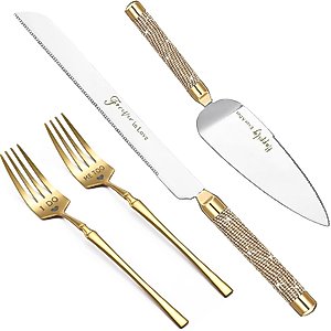 ROXBURGH Wedding Cake Knife and Server Set, 420 Stainless Steel Gold Cake Cutter and Pie Server Slicer, Rhinestones Studded Handle Cake Cutting Set for Wedding, Engagement Present for Groom and Bride