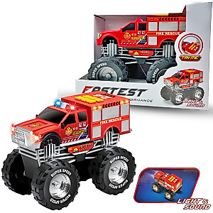 Liberty Imports Motorized Mighty Monster Truck Toy Kids, Electric Motor Vehicle with Big Wheels, Button Action, Sounds and Flashing Lights (Fire Engine)