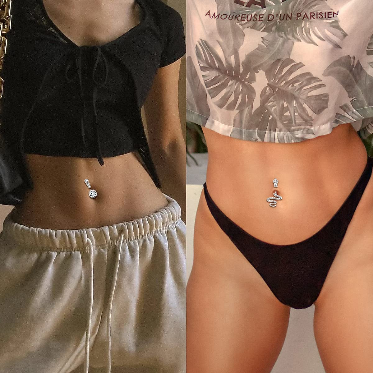 THUNARAZ 14G Clicker Belly Button Rings Surgical Steel Sparkled CZ Opal Belly Button Piercing Dangling Snake Evil Eye Butterfly Belly Ring for Women Sexy Reverse Navel Belly Piercing Jewelry