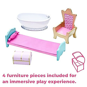 Teamson Kids Dreamland Princess Play Vanity Set with Mirror, Shelf, Storage Drawer, Stool, and Accessories for 12" Dolls, White an Pink